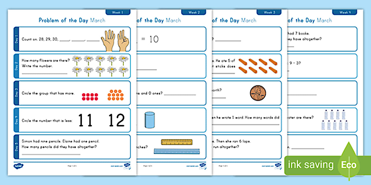 Kindergarten Math Problem of the Day - March Activities