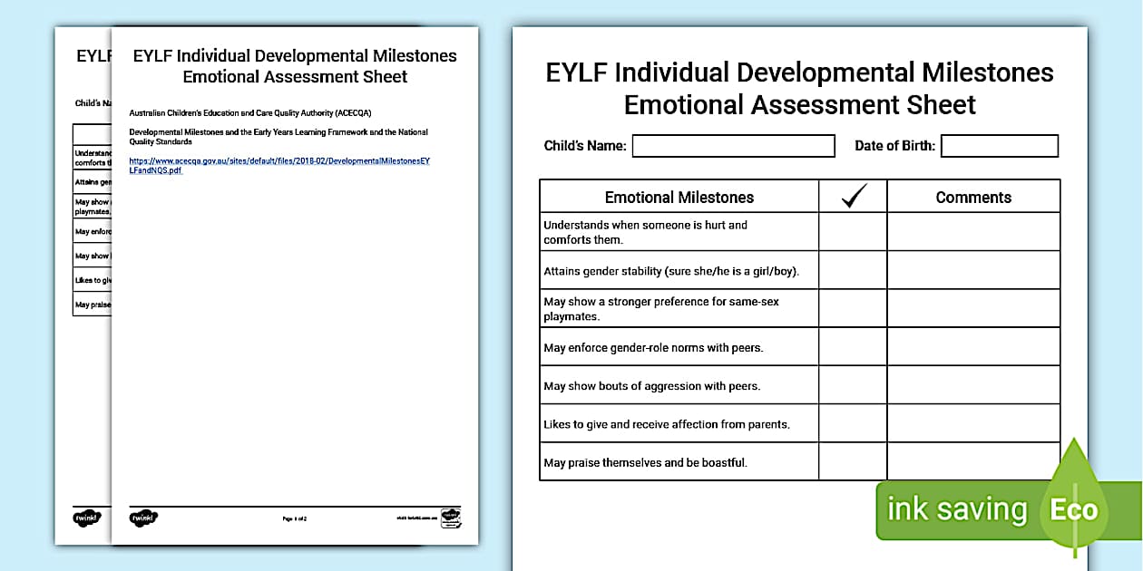 EYLF Individual Developmental Milestones Emotional Assessment Sheet