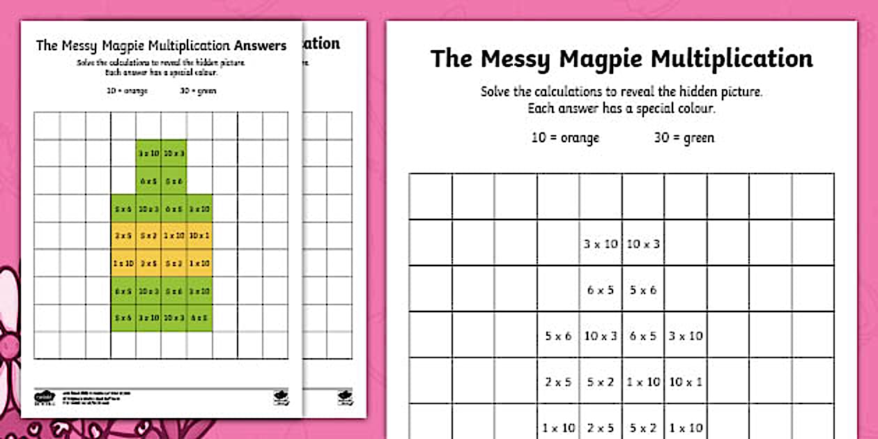 KS1 The Messy Magpie Multiplication Maths Mosaic Worksheet