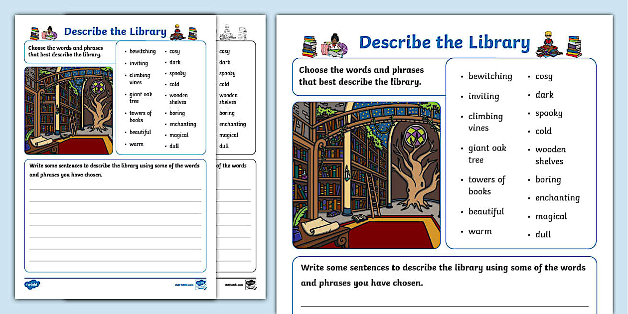Describe the Library Worksheet (Teacher-Made) - Twinkl