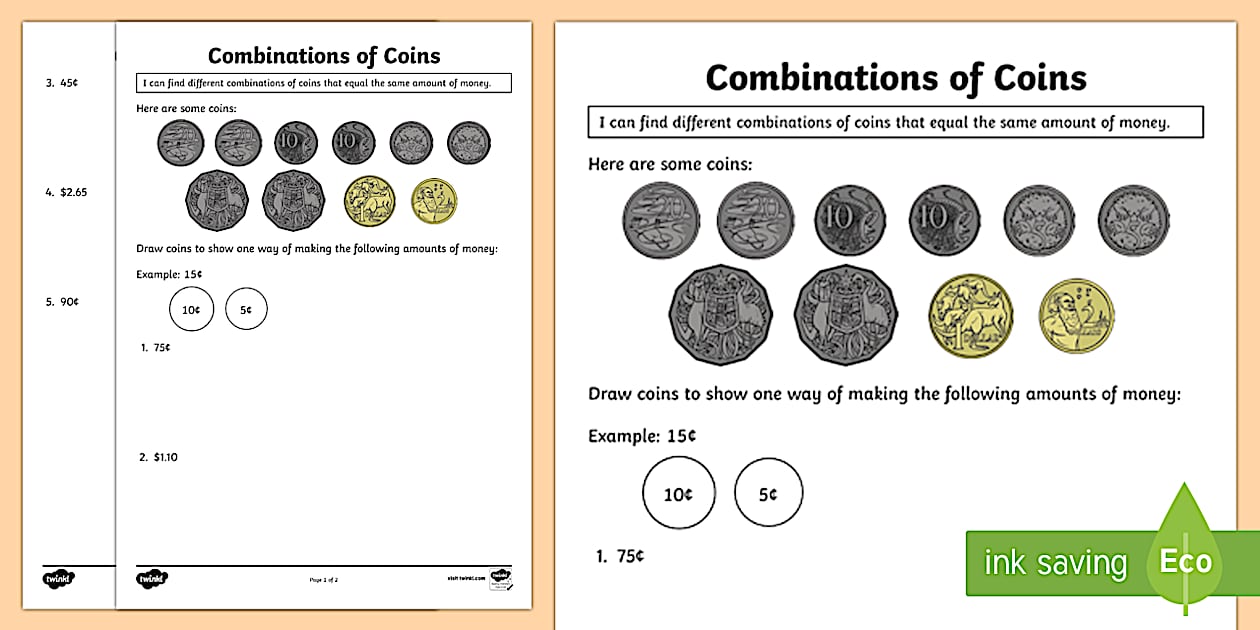 QLD Combination of Coins Worksheet (teacher made) - Twinkl