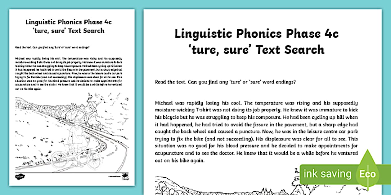 Linguistic Phonics Phase 4c ‘ture, sure’ Text Search Worksheet