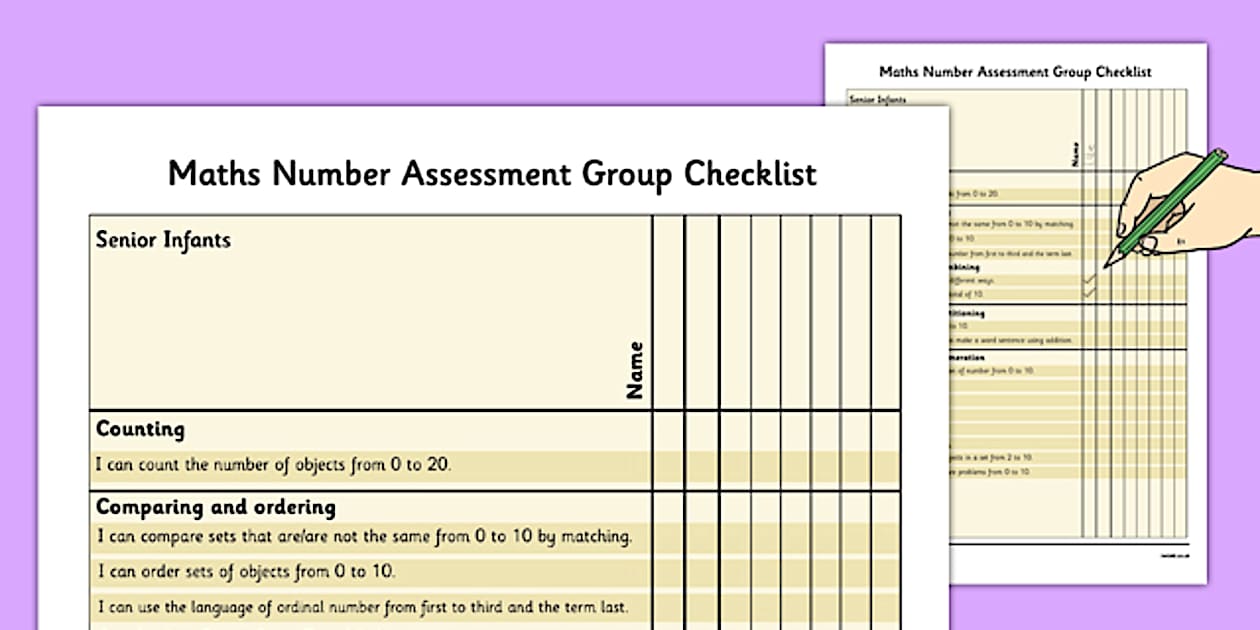 Editable 1999 Curriculum Senior Infants Maths Number Assessment Group