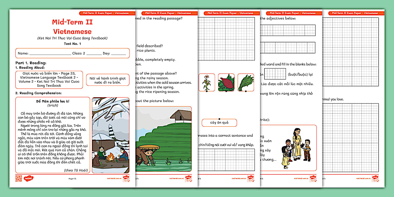 Mid-Semester II Exam Paper No. 1 - Vietnamese Subject - Grade 2 - Ket ...