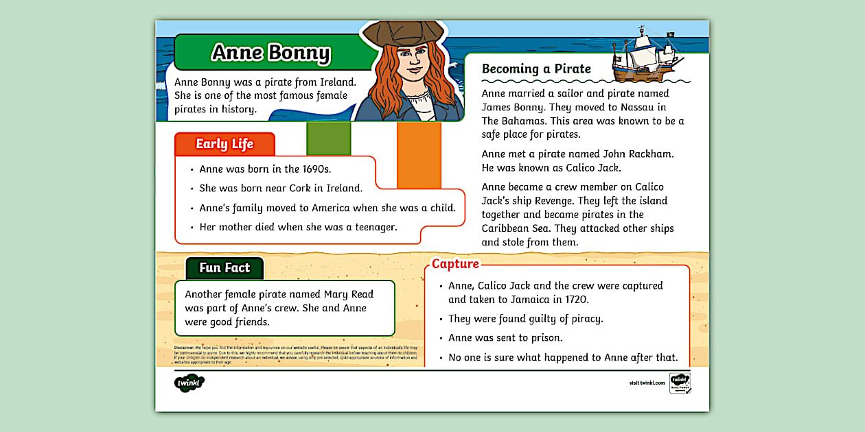 KS1 Anne Bonny Fact File - History - Pirates (teacher made)