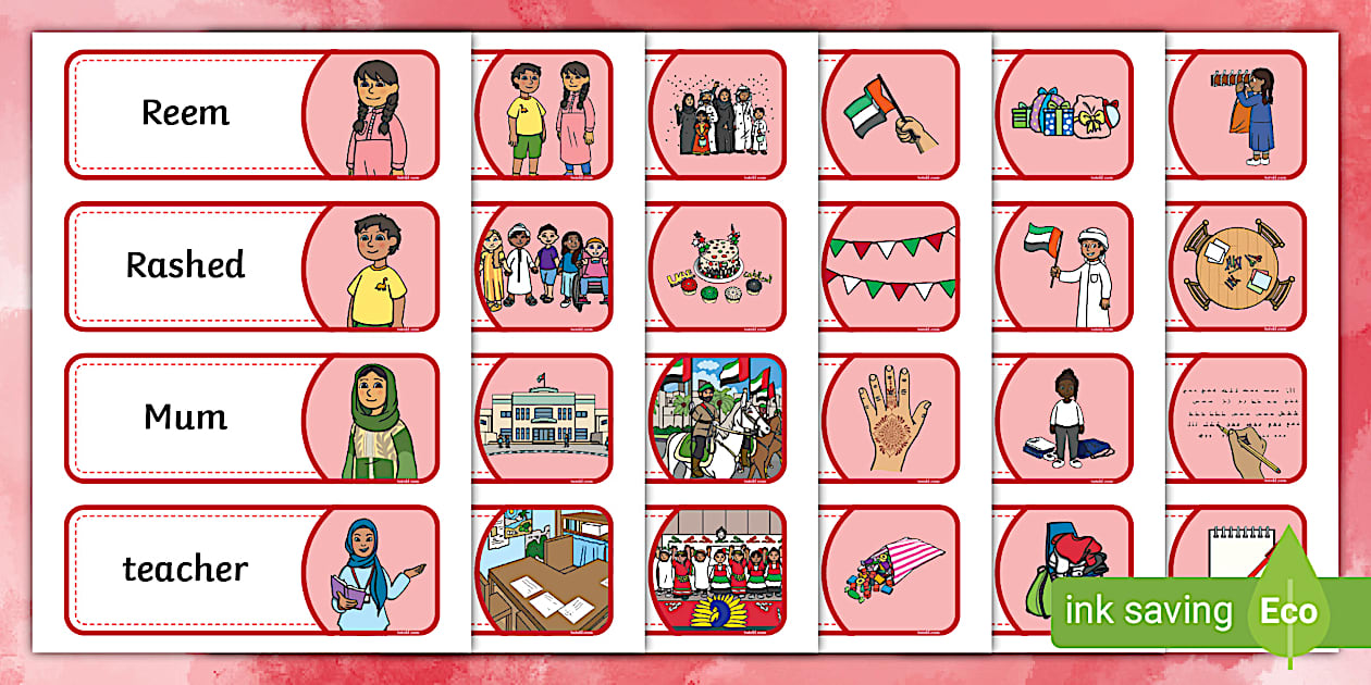 Reem and Rashed Celebrate National Day Word Cards - Twinkl