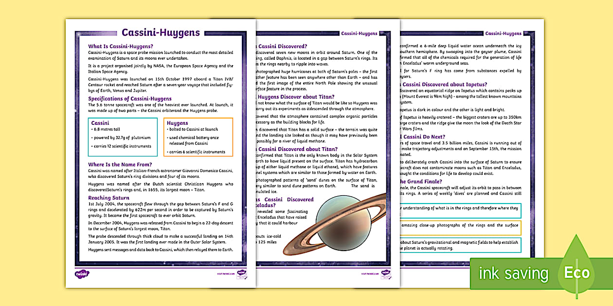 Cassini-Huygens Space Mission Fact File (teacher made)