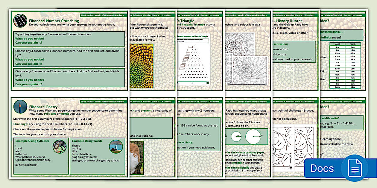 The Fabulous World of Fibonacci Numbers Independent Activity Cards ...