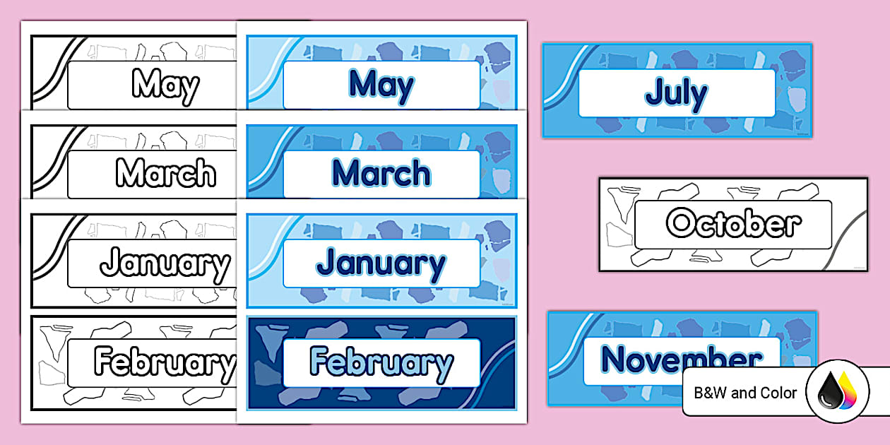 Blue Monochrome Terrazzo Theme Months of the Year Labels