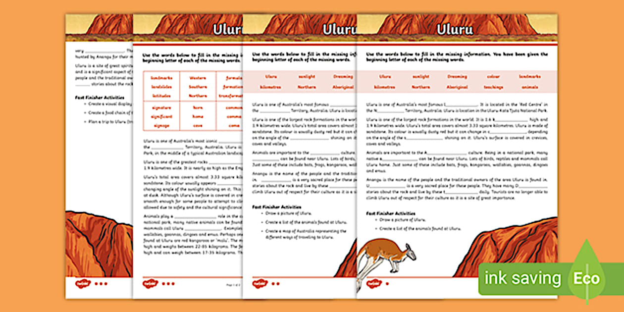 Higher Ability Uluru Years 3-6 Differentiated Cloze Passage Worksheets