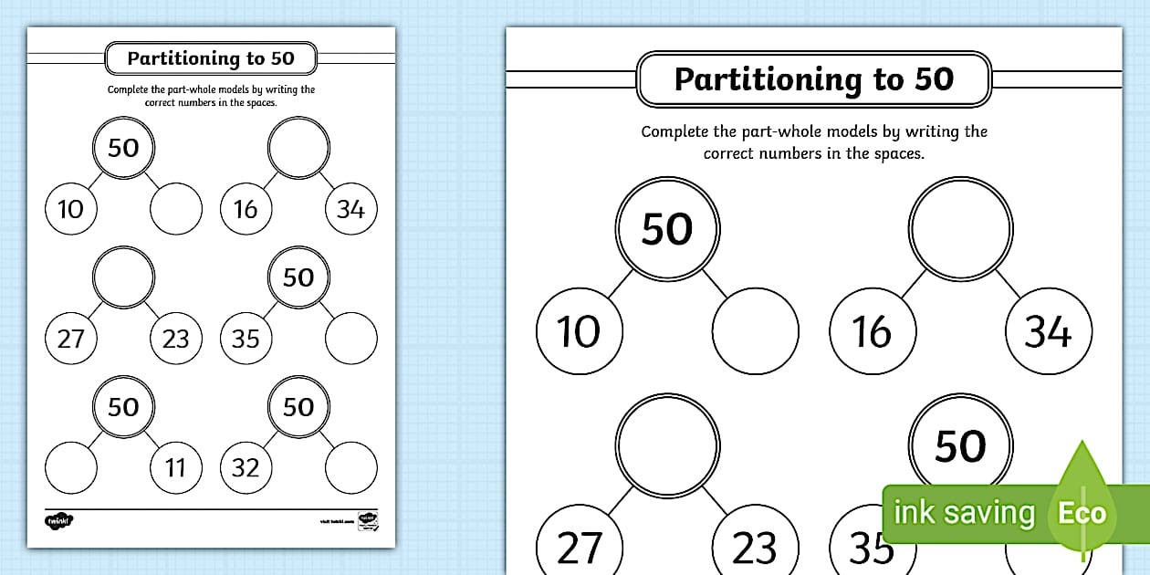 👉 Partitioning: Number Bonds to 50 Worksheet - Twinkl