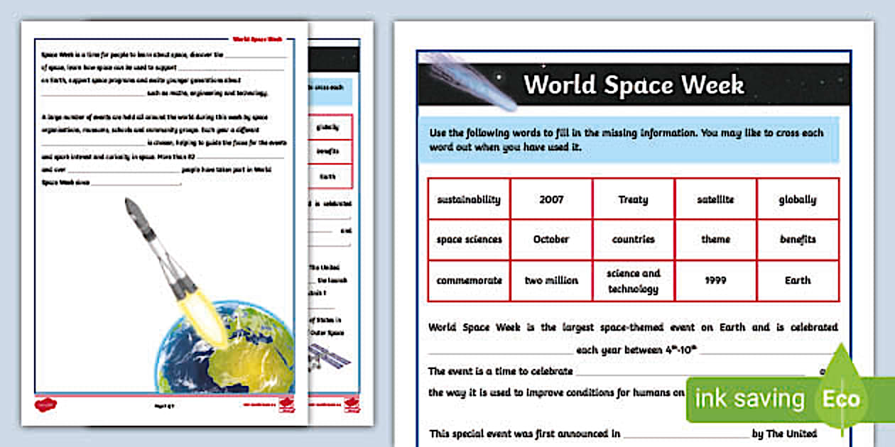 World Space Week Cloze Worksheet - Twinkl