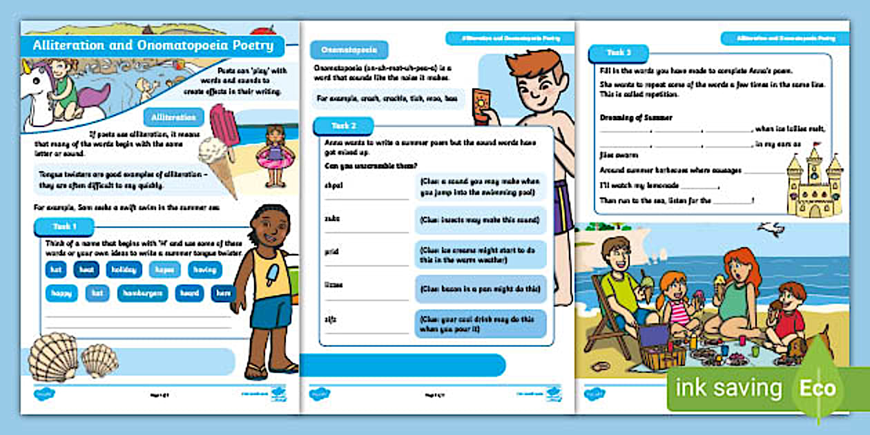 Poetry Activity Alliteration and Onomatopoeia - Twinkl