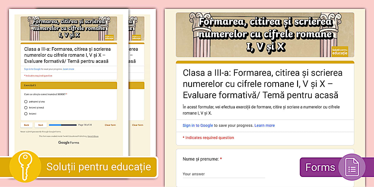 Cifrele romane I, V, X (clasa 3) – Evaluare formativă/Temă