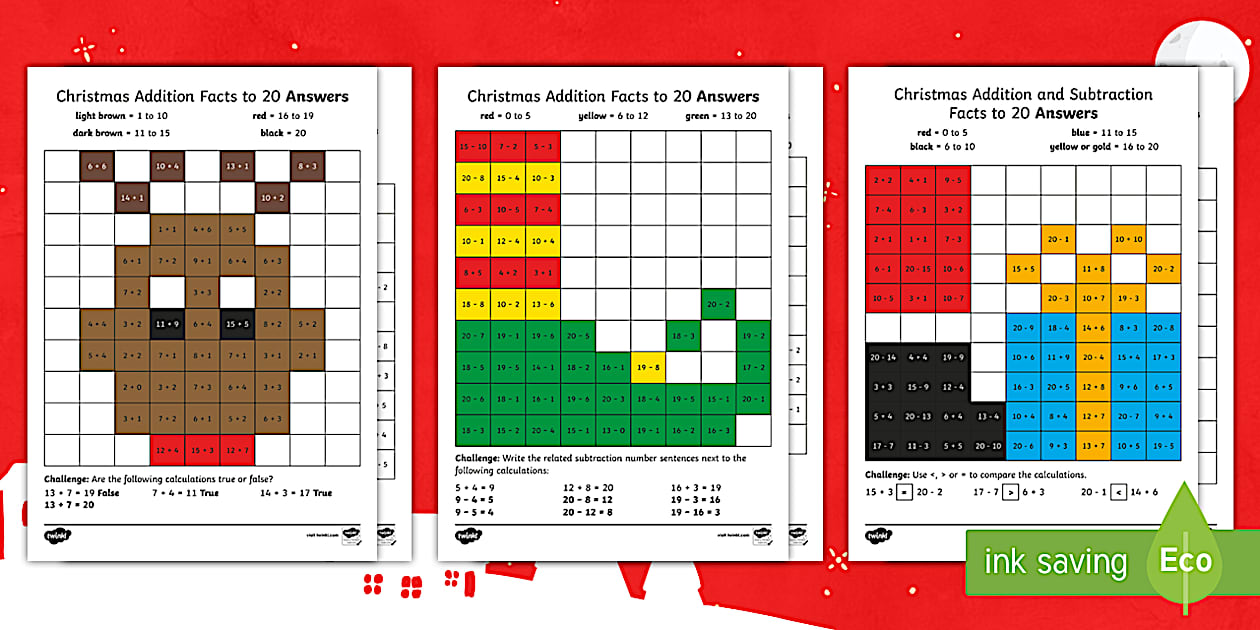 KS1 Addition and Subtraction Facts up to 20 Christmas Maths Mosaic ...