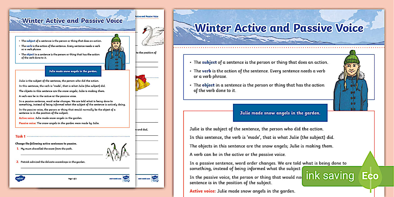 Active and Passive Voice Activity Sheets Winter - Twinkl