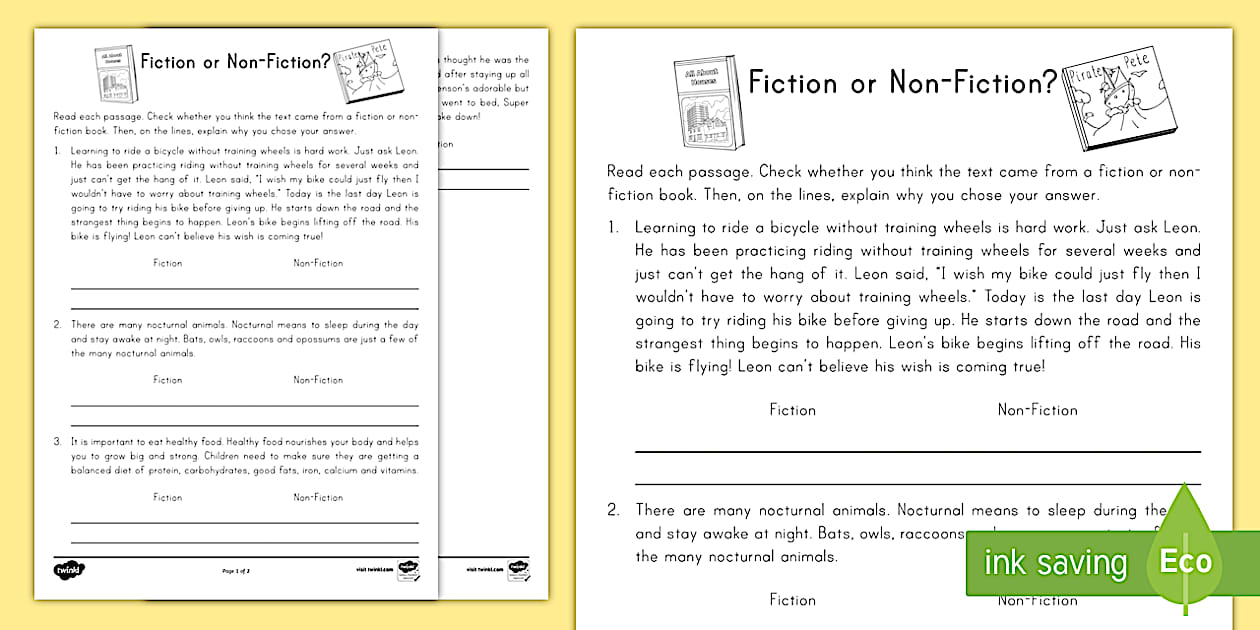 Fiction or Non-Fiction? Reading Passage Activity Worksheet for 1st-2nd ...