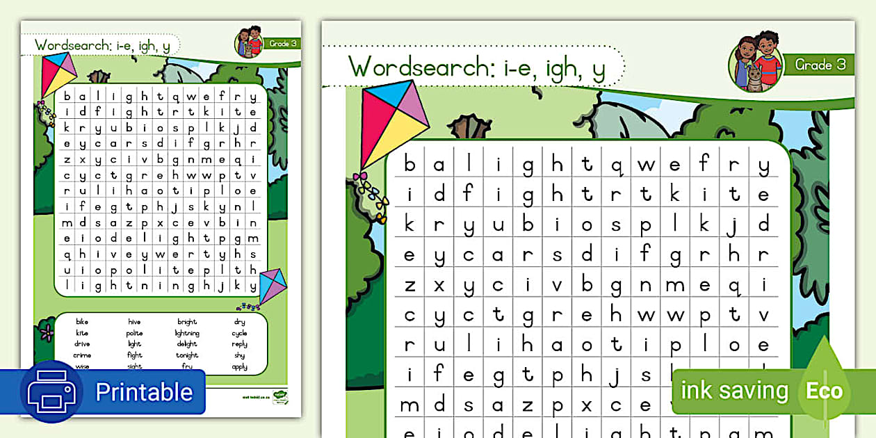 Grade 3 Phonics: i-e igh y: Wordsearch (teacher made)