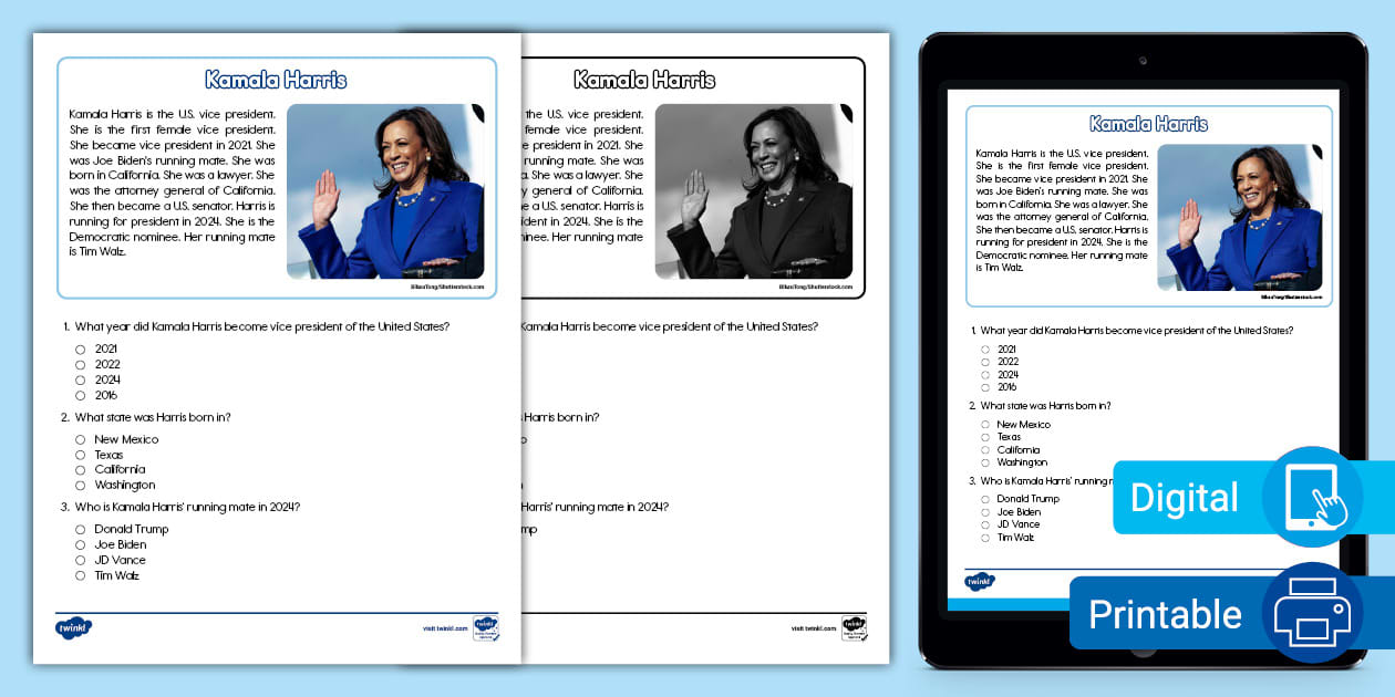 Kindergarten Kamala Harris Reading Passage Comprehension