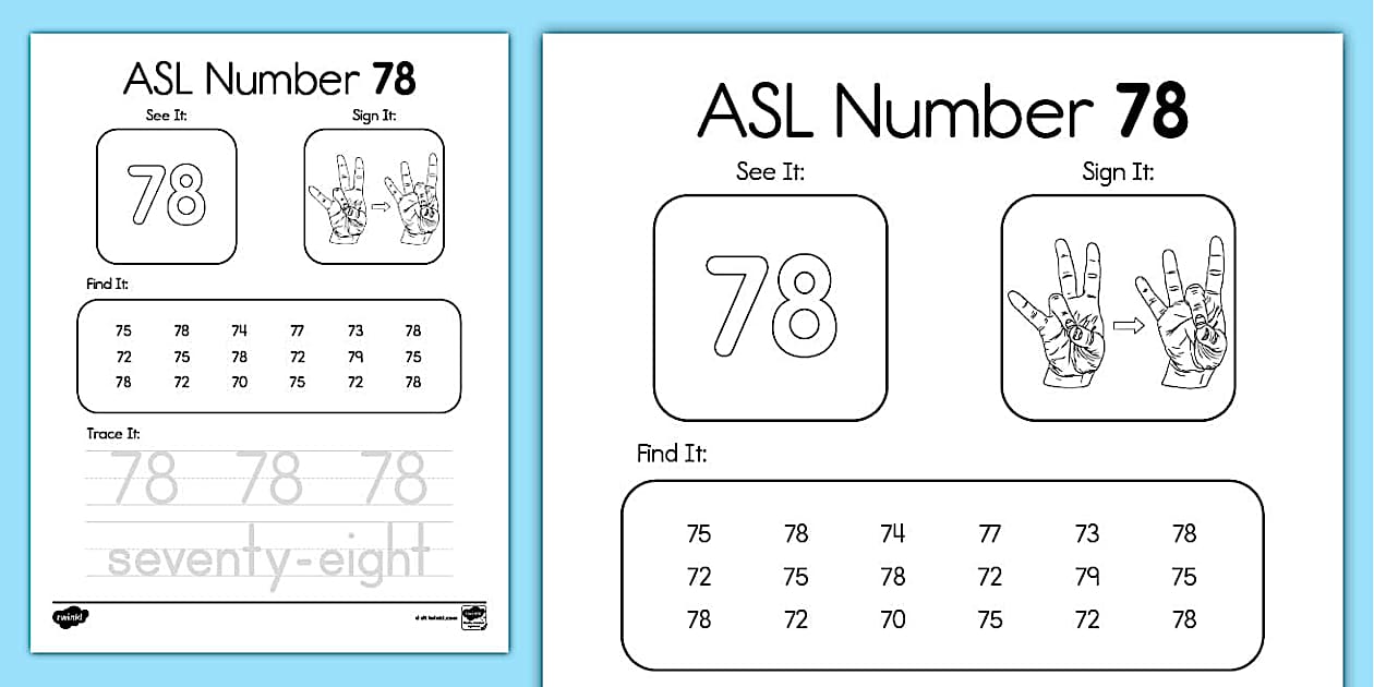ASL Number 78 Worksheet (teacher made) - Twinkl