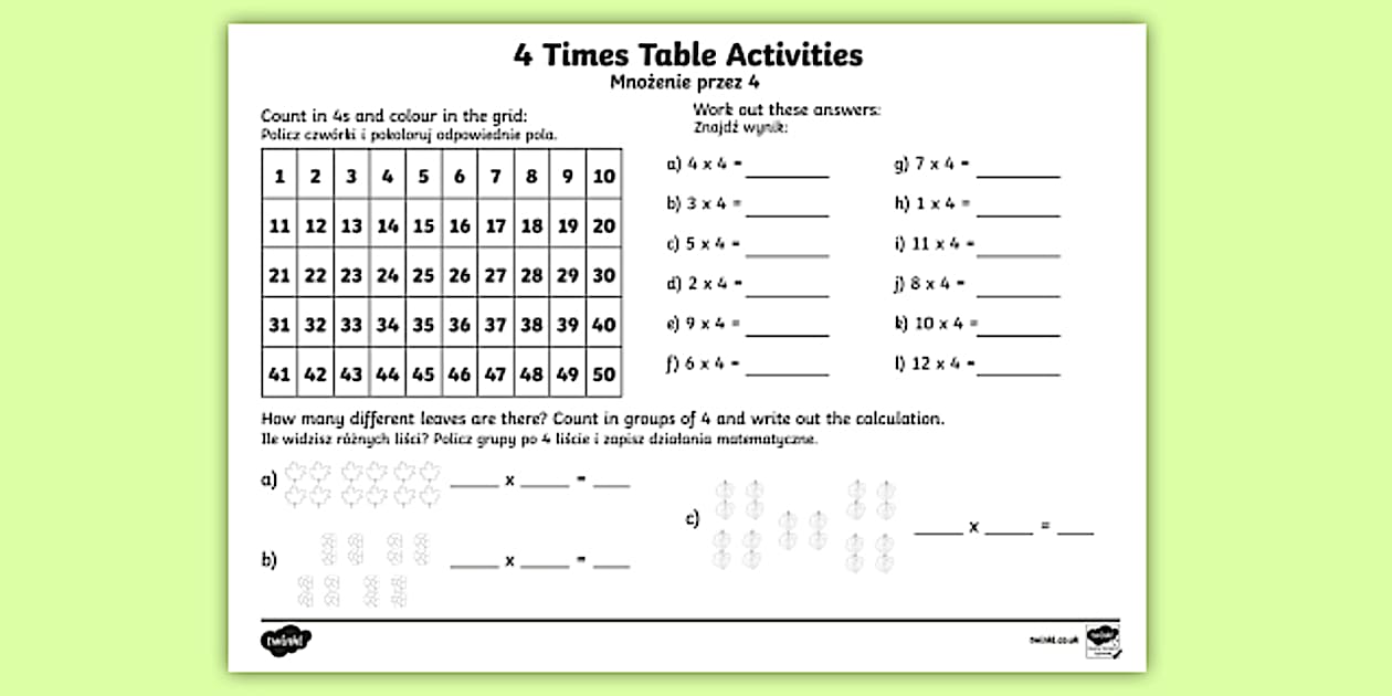 4 Times Table Worksheet / Worksheet English/Polish - 4 Times Table ...