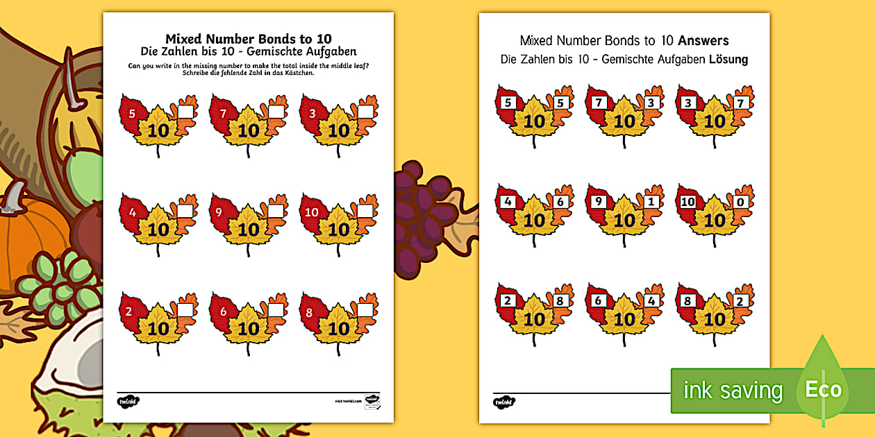 Autumn Leaf Mixed Number Bonds to 10 Worksheet / Worksheet English/German