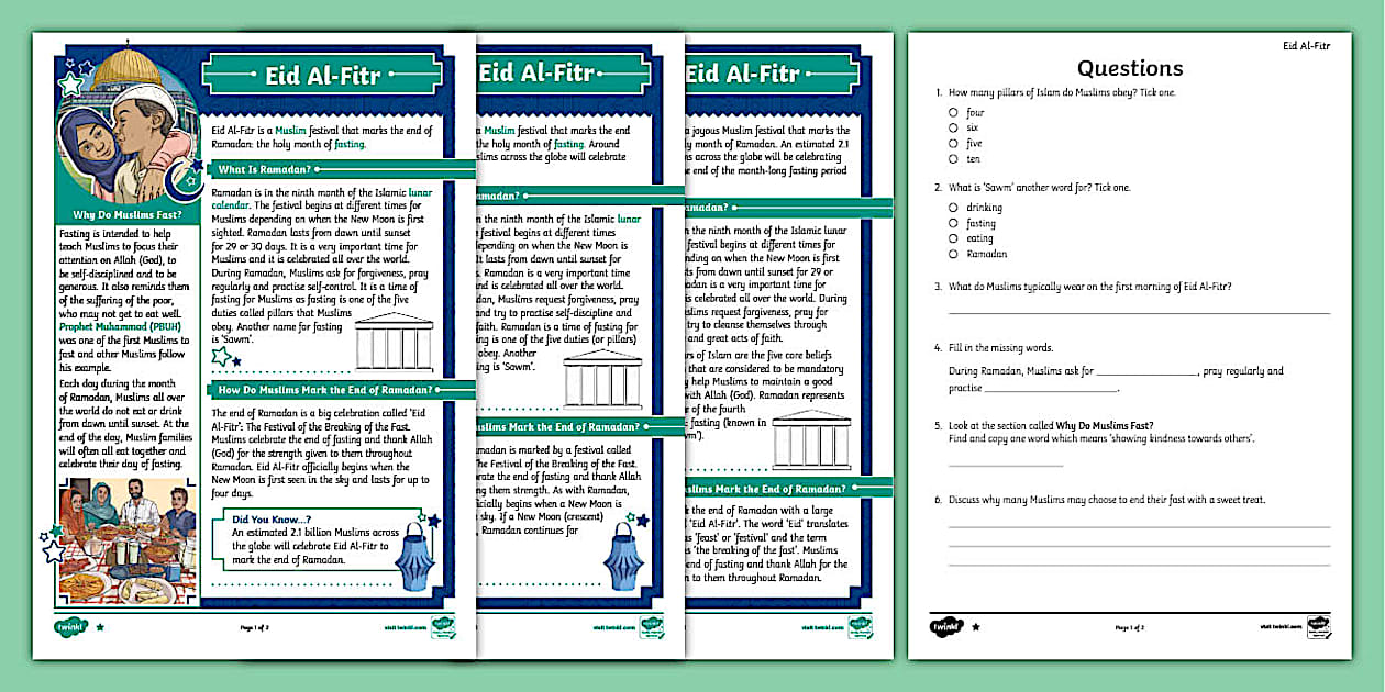 UKS2 Eid Al-Fitr Reading Comprehension (teacher made)