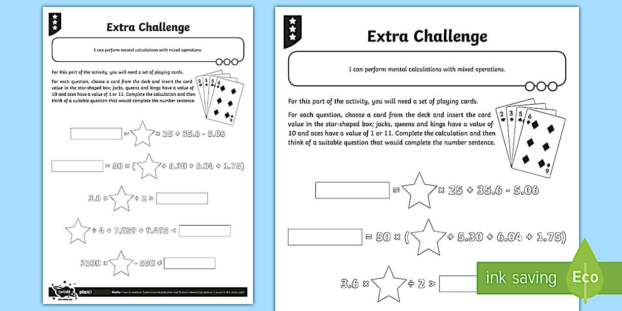 Mental Calculation with Mixed Operations Worksheet / Worksheet