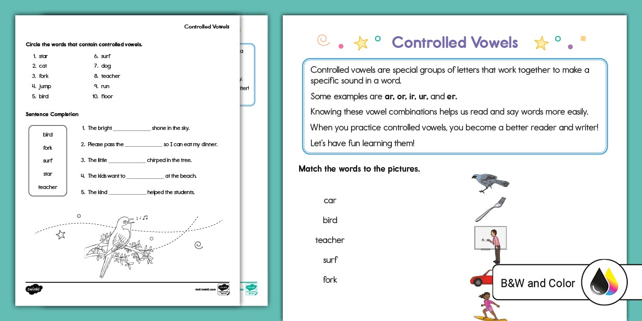Controlled Vowels Worksheet for 1st-2nd Grade - Twinkl