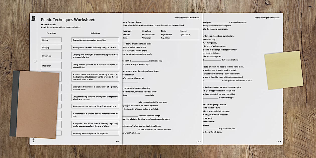 Poetic Techniques Worksheet - Devices In Poetry - Twinkl
