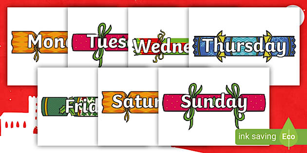Cursive Days of the Week on Christmas Crackers - Twinkl