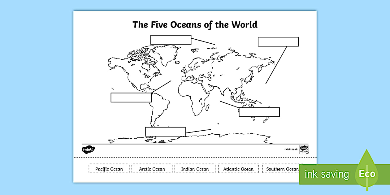 Cursive The Five Oceans Map Labelling Cut and Stick Worksheet