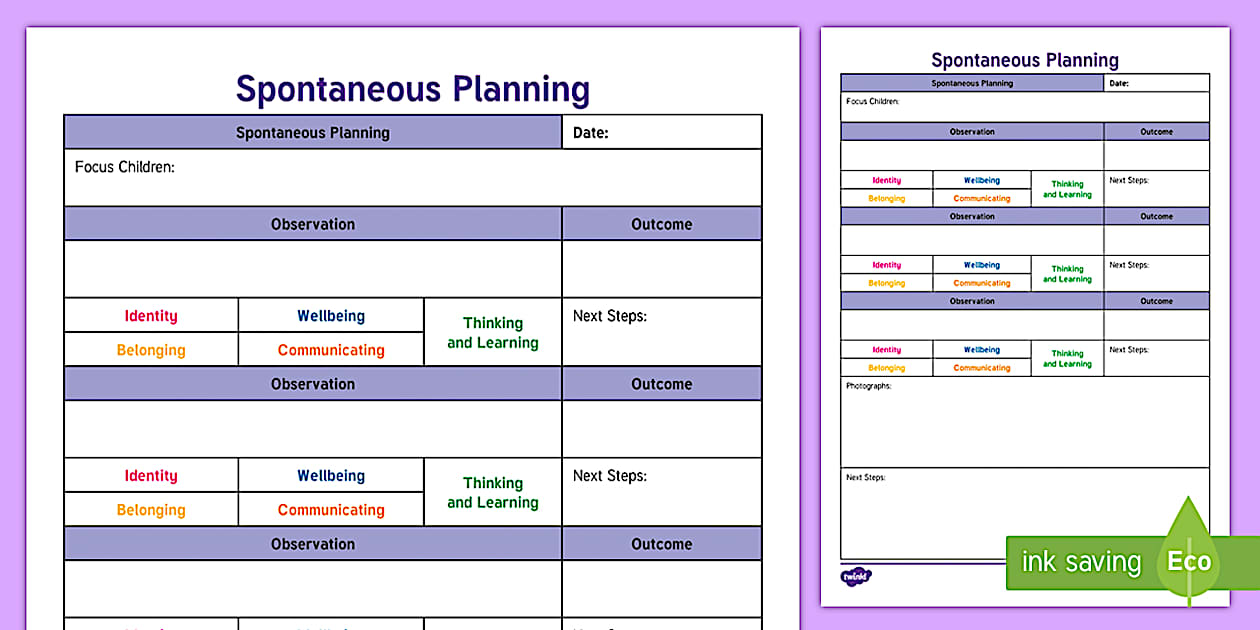 Editable EYLF Spontaneous Planning Template - Twinkl