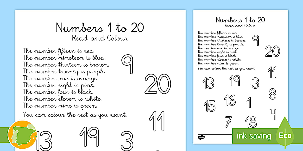 Ficha de actividad: lee y colorea los números 1-20 en inglés