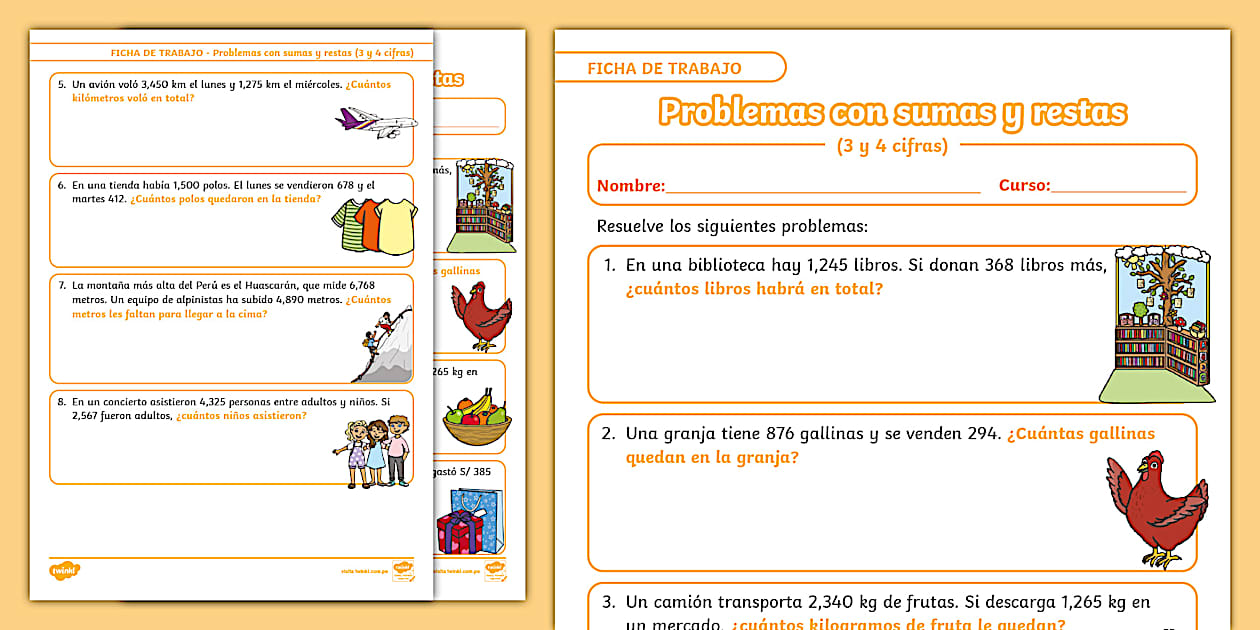 Guía de Trabajo: Problemas Sumas y Restas 3 y 4 Dígitos
