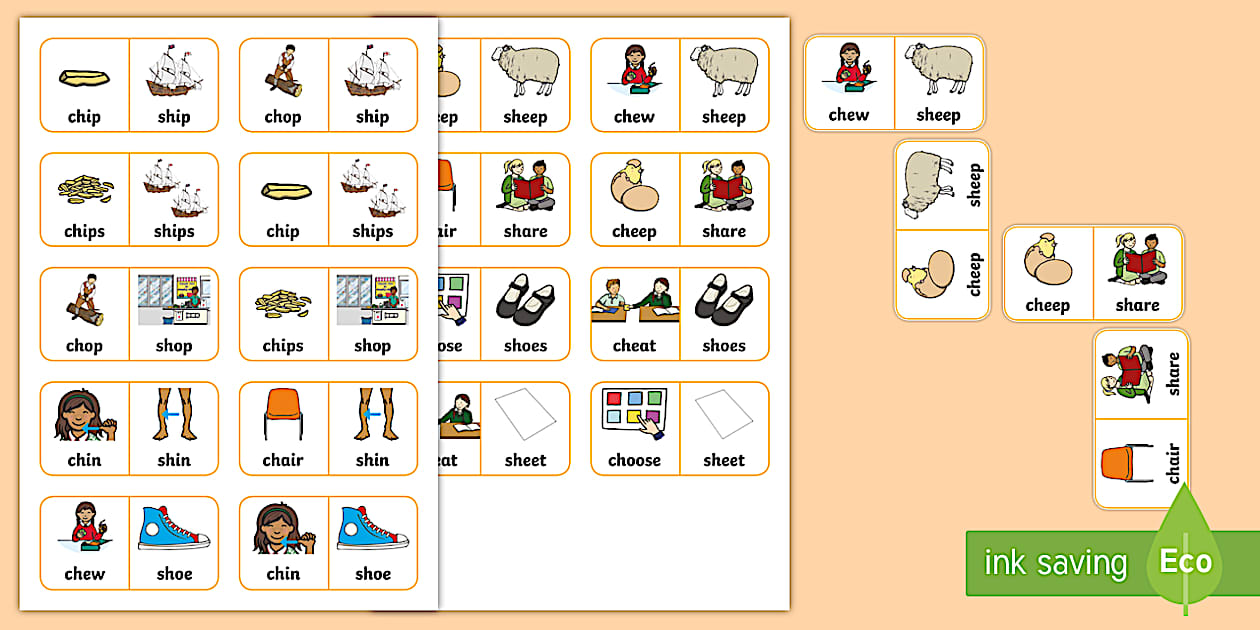 Editable 'Ch' and 'Sh' Minimal Pair Dominoes - Twinkl