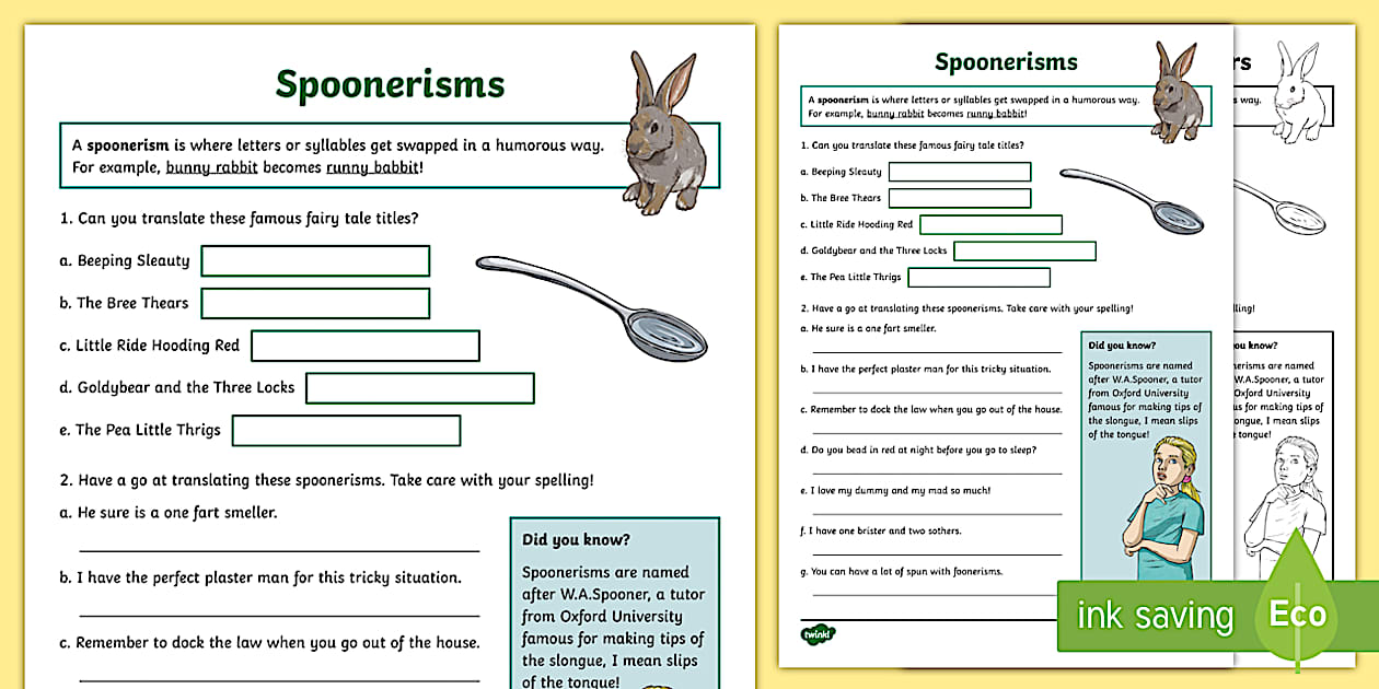 Spoonerisms Worksheet (teacher made) - Twinkl