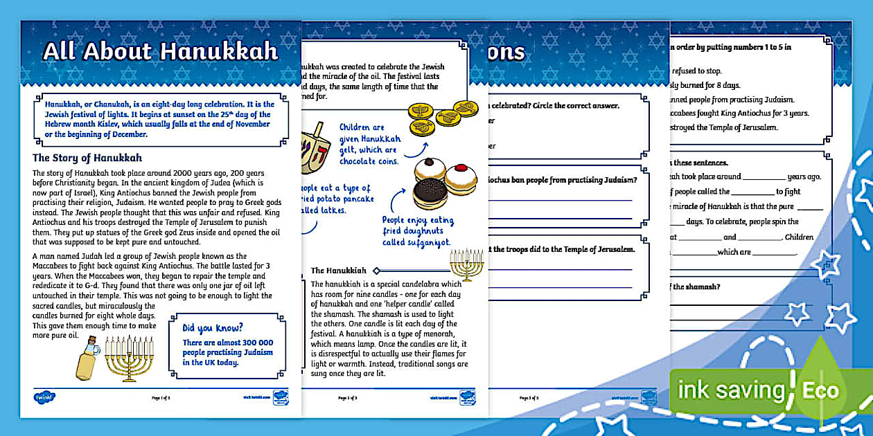 Hanukkah Reading Comprehension (Ages 6 - 7) - Twinkl