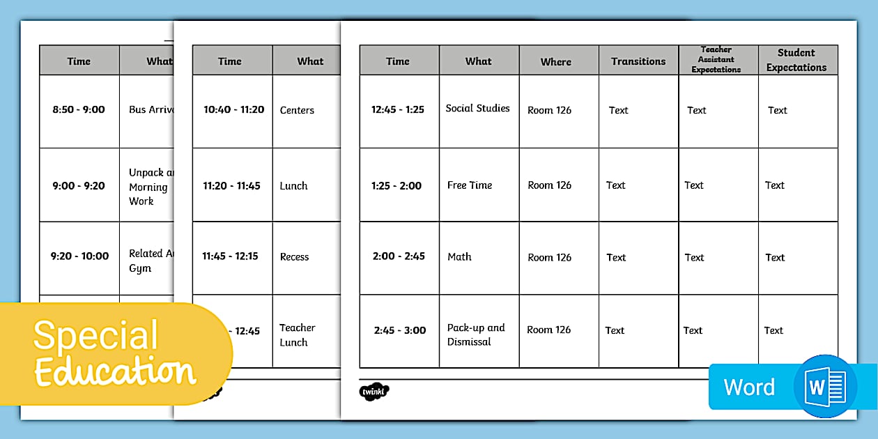 Editable Schedule for Special Education Assistants - Twinkl
