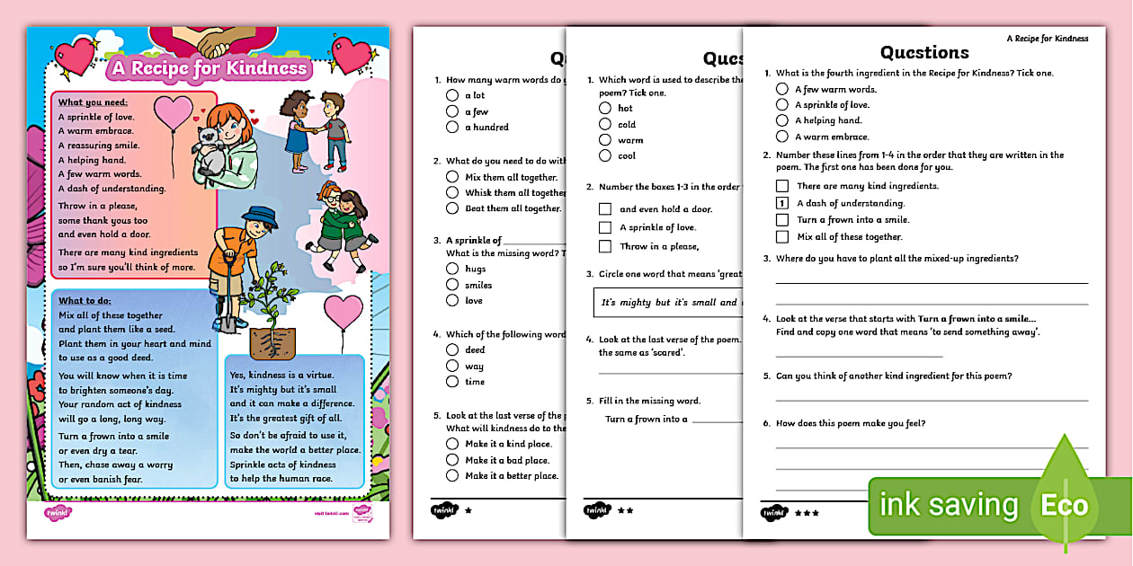 KS1 Recipe for Kindness Poetry Reading Comprehension