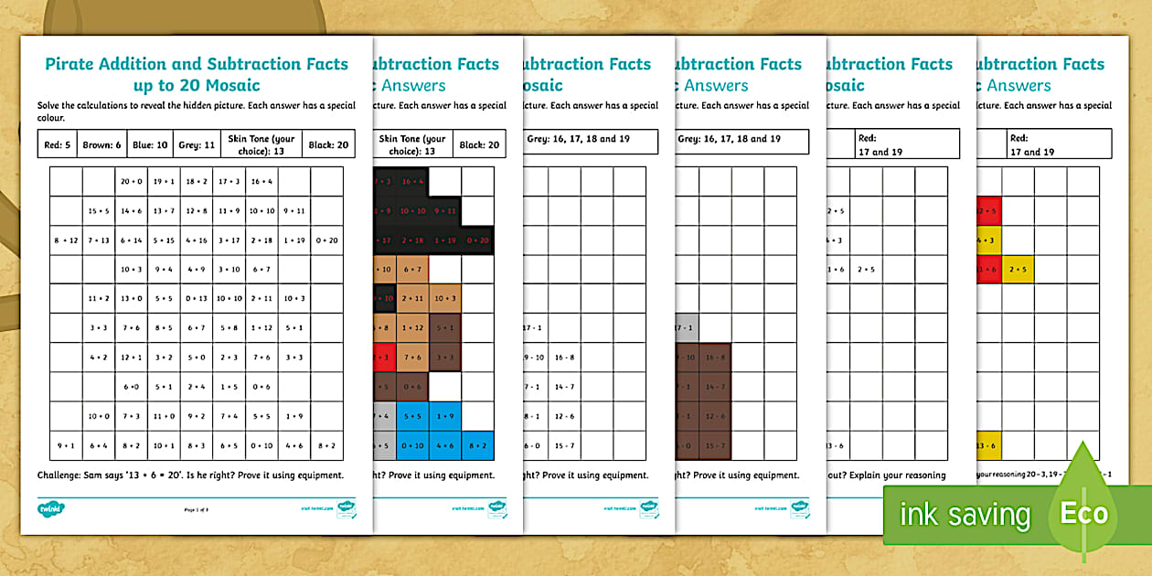Pirates Addition and Subtraction Facts up to 20 Maths Mosaic Worksheets