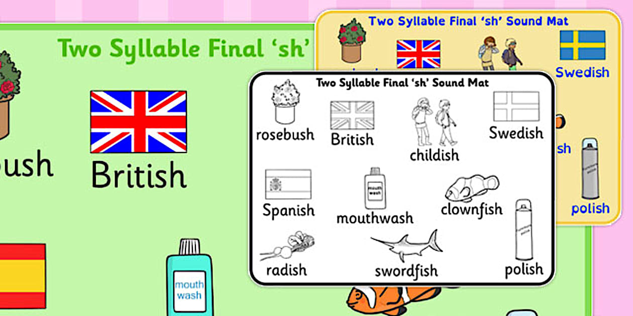 Black and White Two Syllable Final 'Sh' Sound Mat 2 - Twinkl