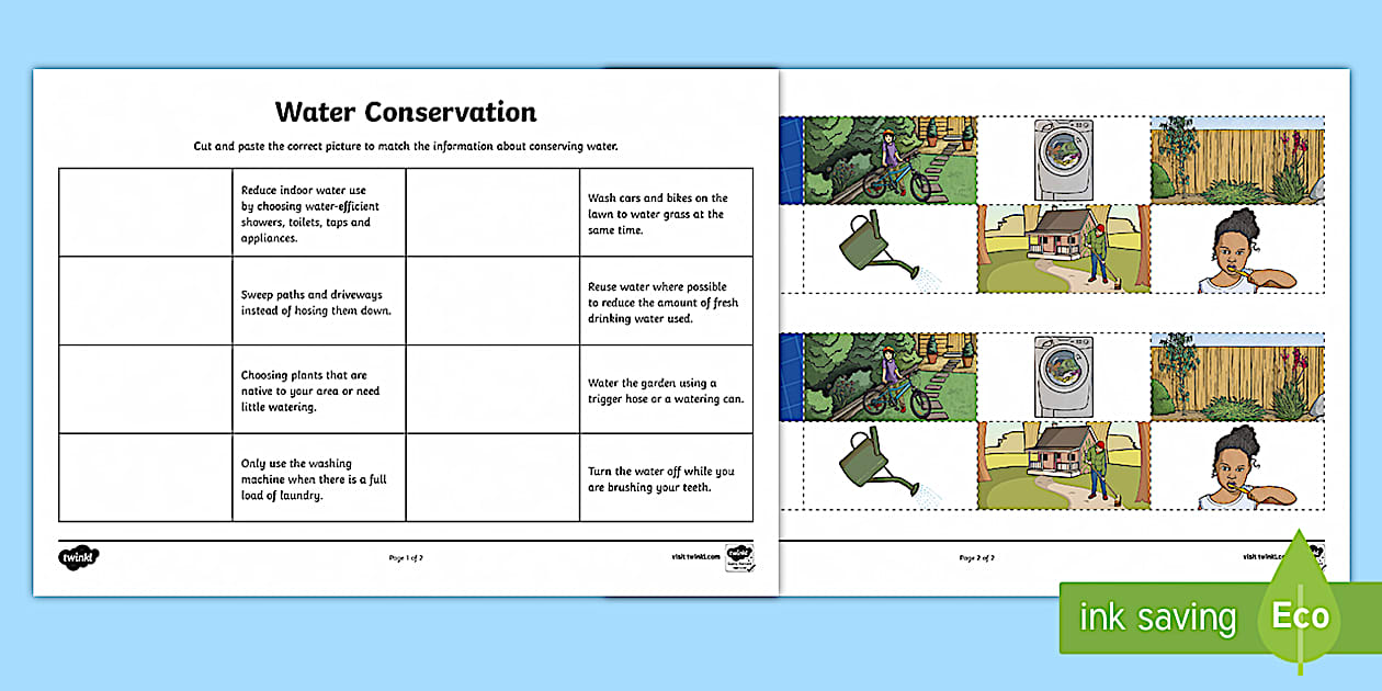 Black and White Water Conservation Worksheets for Kids