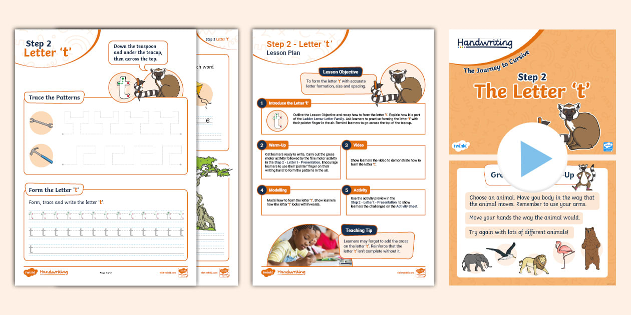Twinkl Handwriting Scheme: Step 2 Lemur Letter 't' Pack