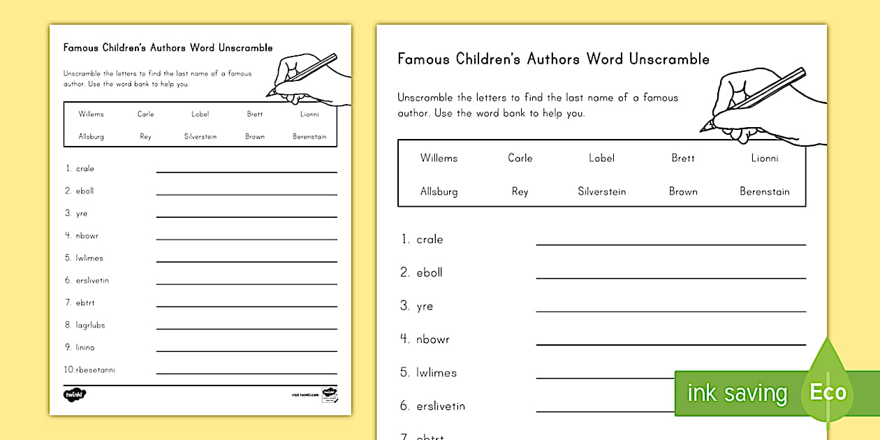 Famous Children's Authors Word Unscramble for K-2nd Grade