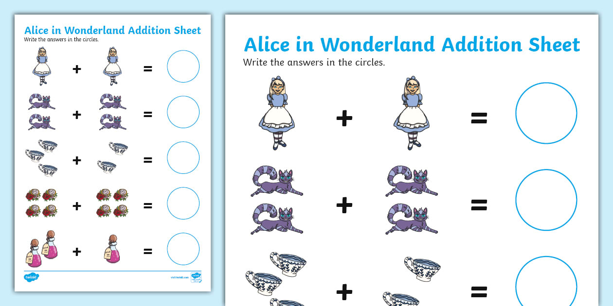 Black and White Alice in Wonderland Addition Sheet - Twinkl