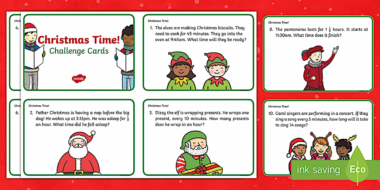 Black and White Year 2 Christmas Maths Time Challenge Cards