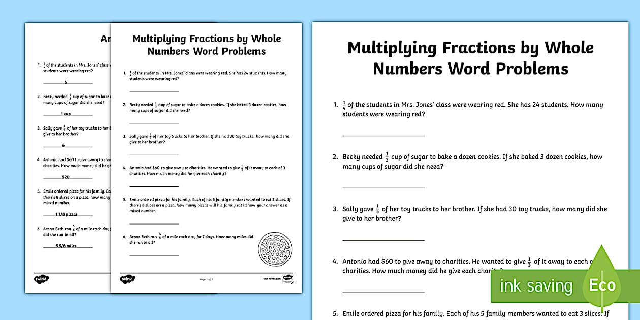 Multiplying Fractions by Whole Numbers Word Problems for 3rd-5th Grade