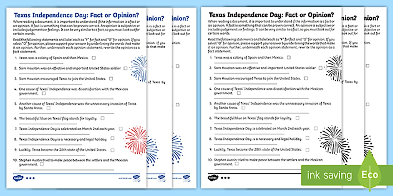 Texas Independence Fact or Opinion Worksheet (teacher made)