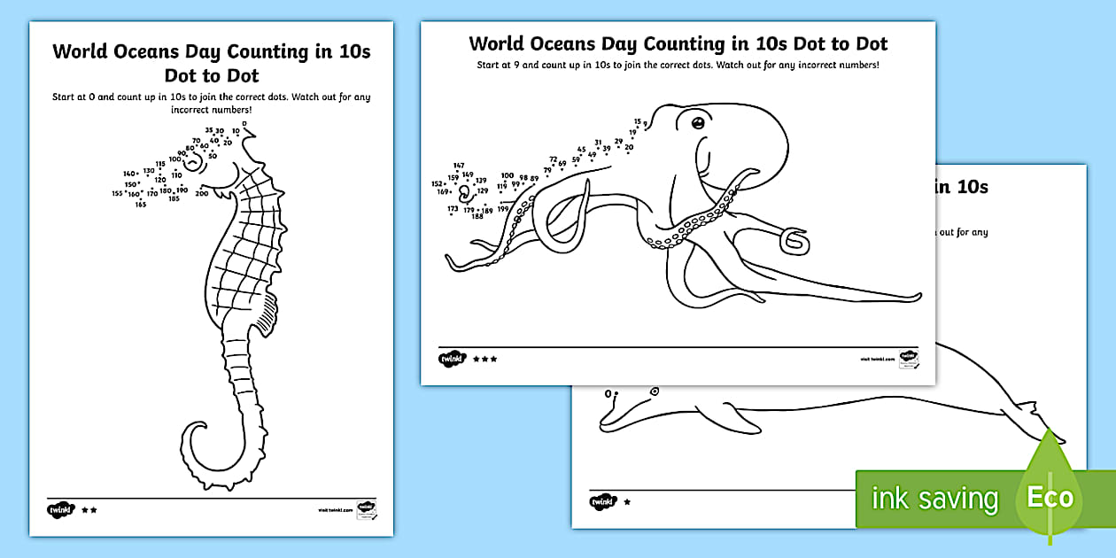World Oceans Day Dot to Dot in 10s Worksheets - Twinkl